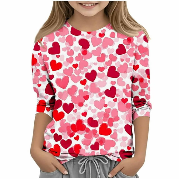 Girls Valentine's Day Shirts Fashion Basic Heart Printed 3/4 Length ...