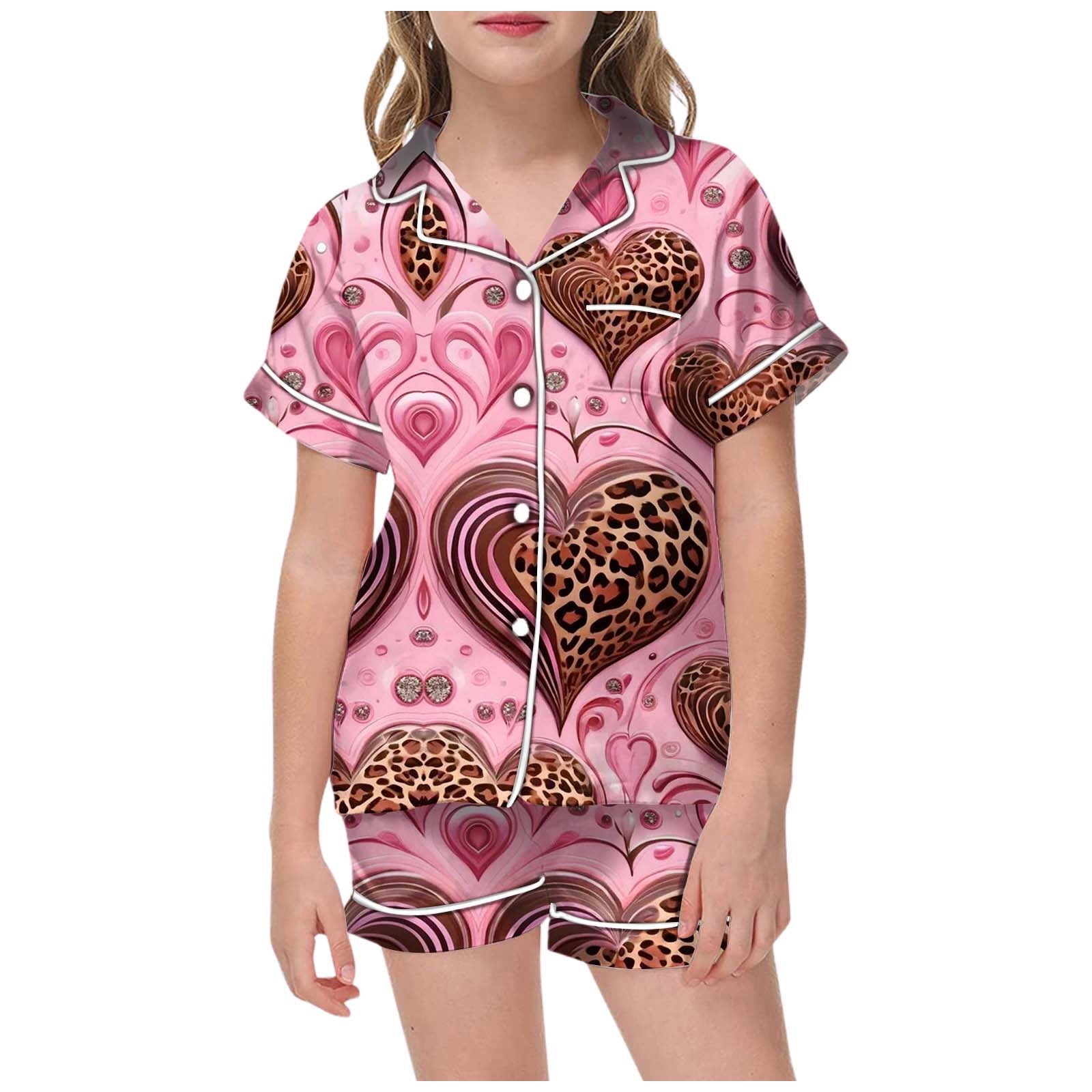 Girls Valentine's Day Silk Pjs Set Leopard Print Heart Pattern Short ...