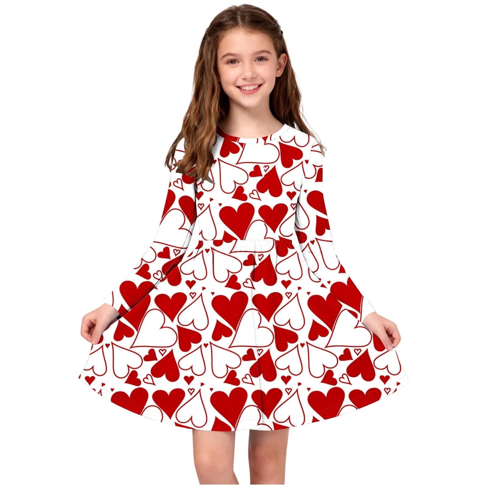 Girls Valentine’s Day White Heart Print Long Sleeve A-Line Flowy Dress ...