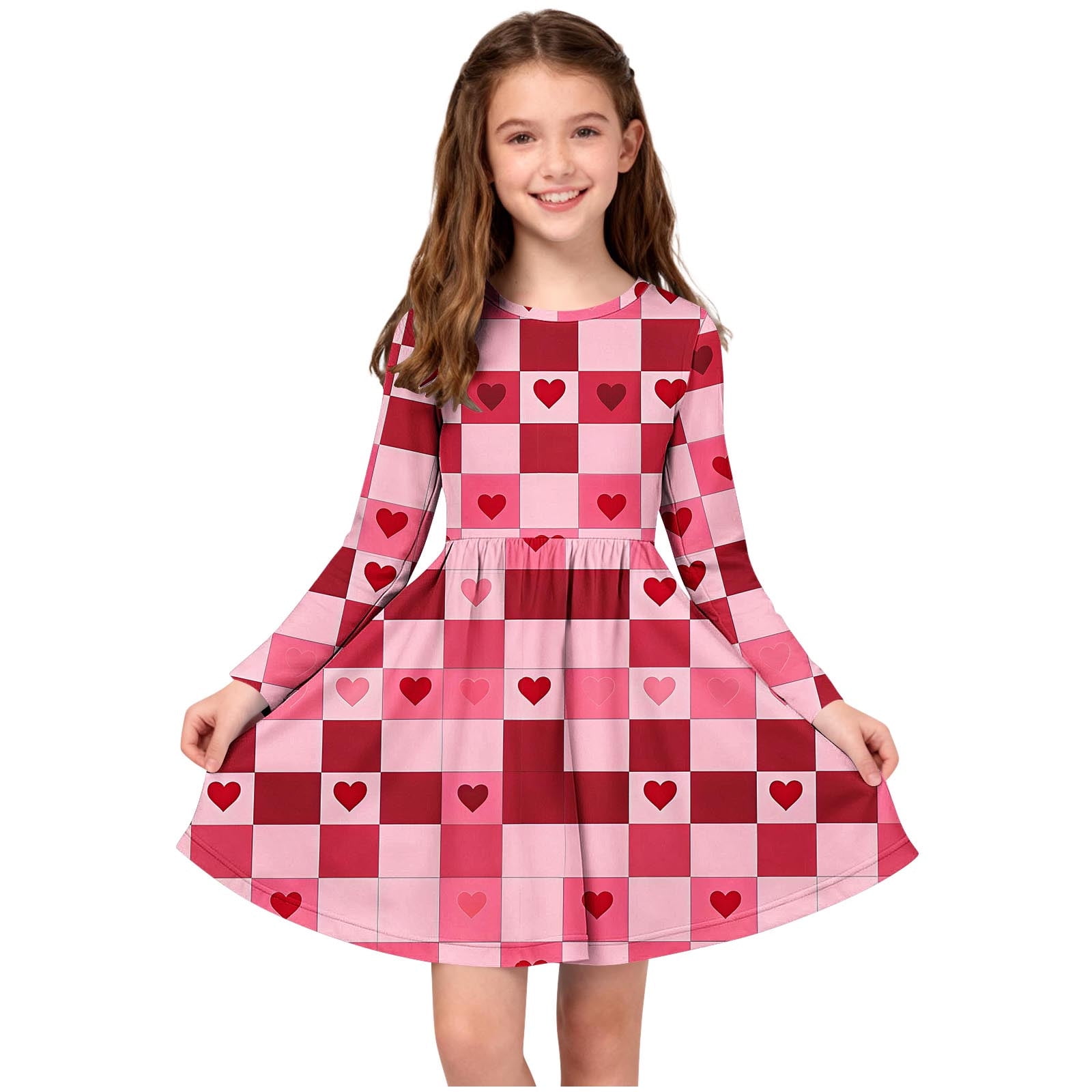 Girls Valentines Day Dress Long Sleeve Heart Print Plaid A-Line Party ...