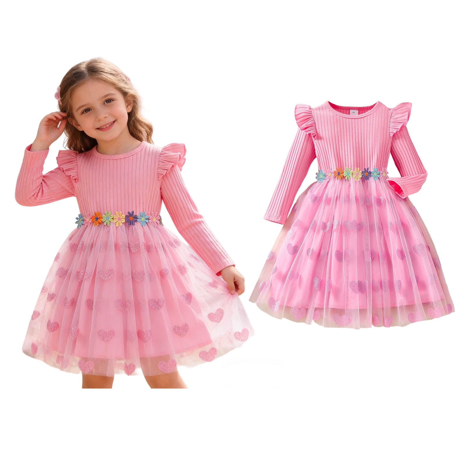 Girls Valentines Dress Long Sleeve Tutu Dress Girls Ruffle Tulle ...