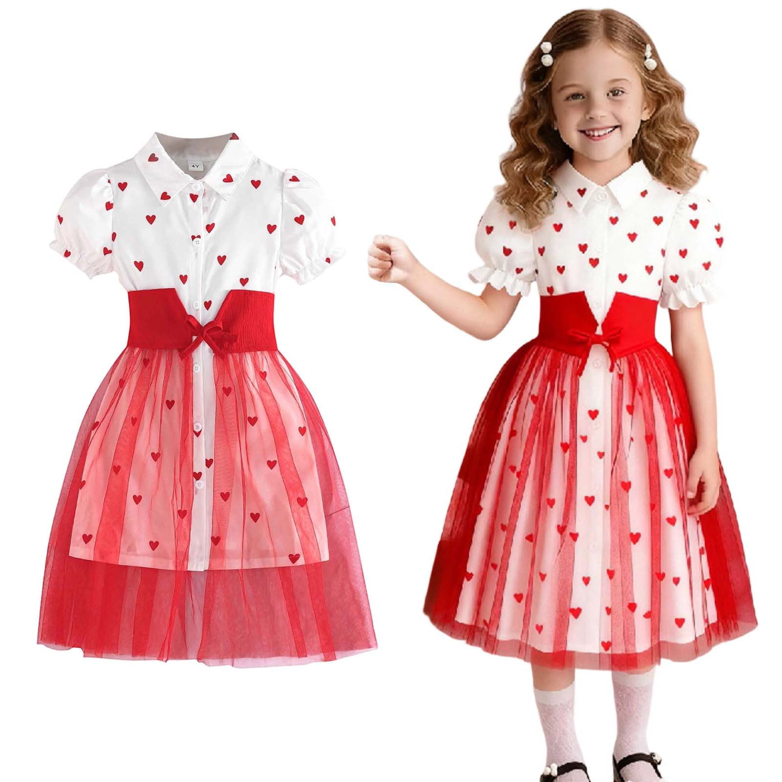 Girls Valentines Dress Puff Sleeve Heart Print Tutu Dress Girls Tulle ...