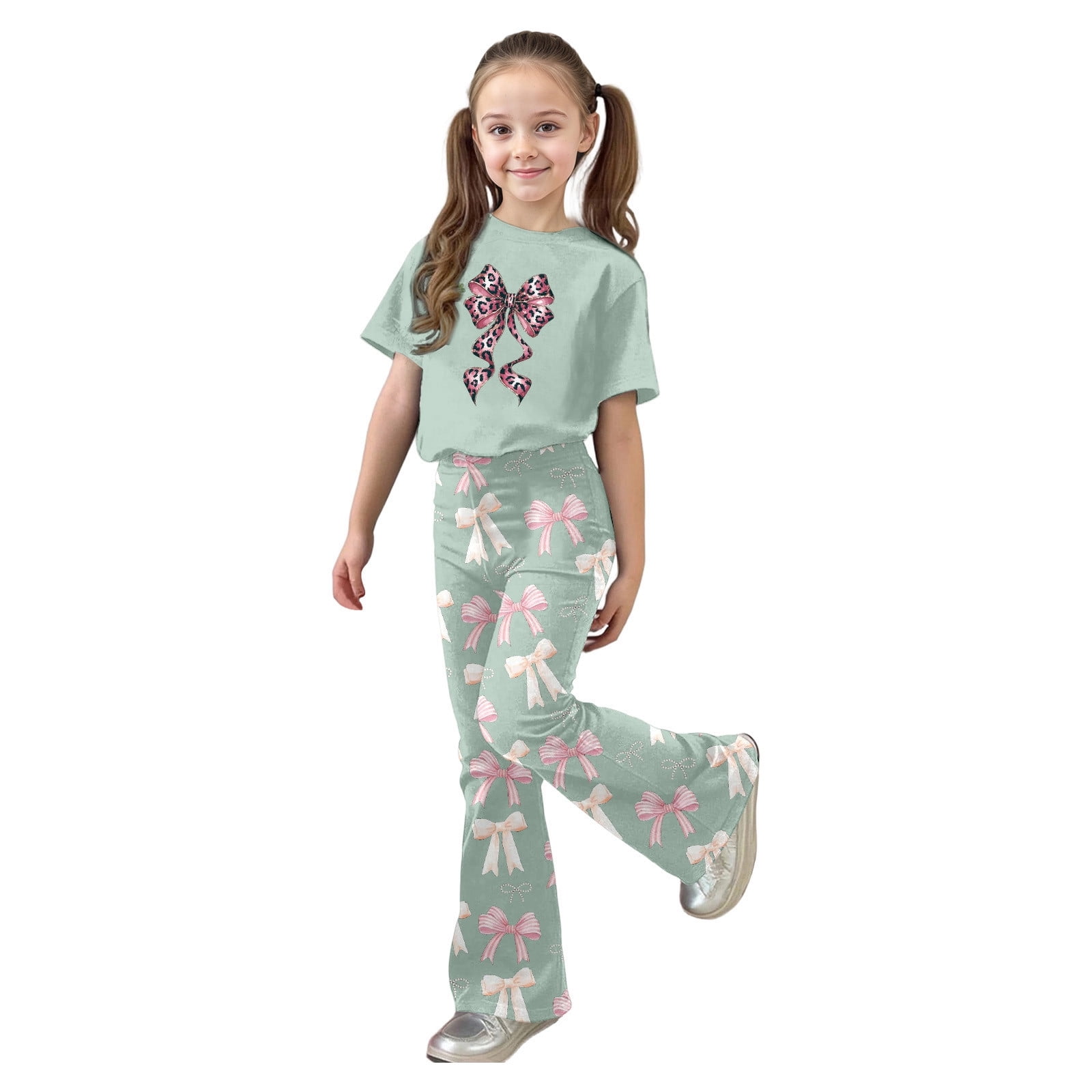 Girls Valentines Micro Flared Pants Set Leopard Print Bow Print Short ...