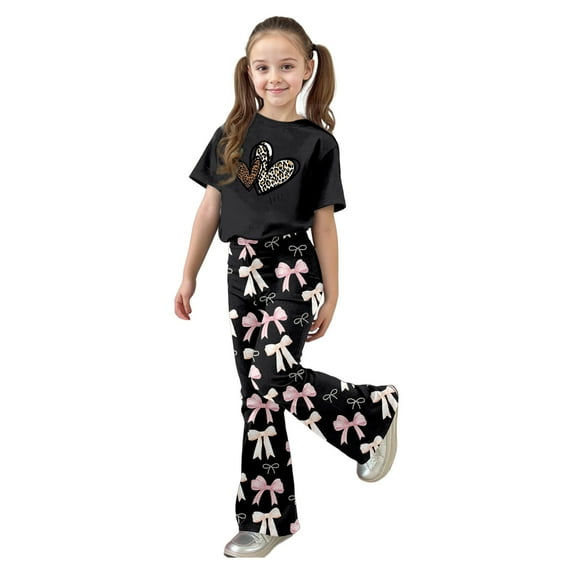 Girls Valentines Micro Flared Pants Set With Graffiti Heart Bow Print ...
