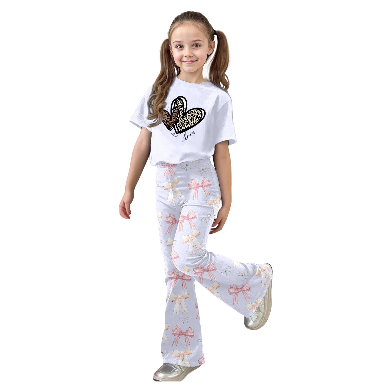 Girls Valentines Micro Flared Pants Set With Graffiti Heart Bow Print ...