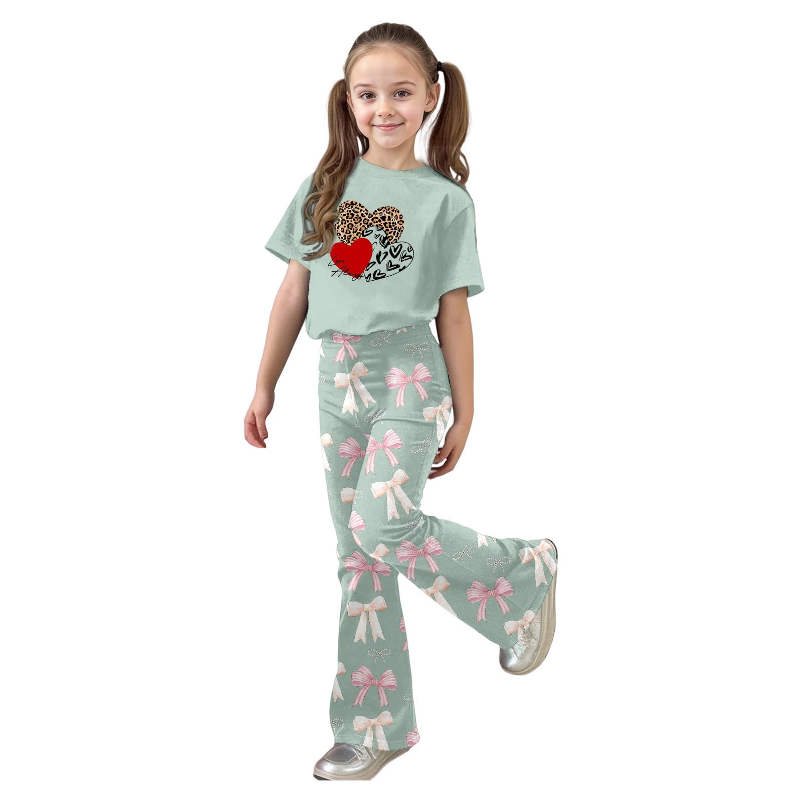 Girls Valentines Slightly Spicy Pants Set Leopard Print Heart Bow Print ...