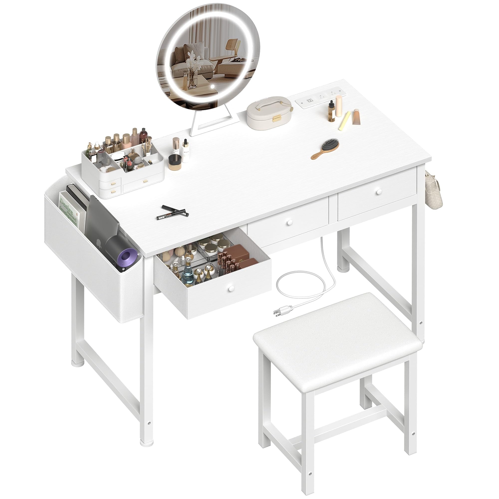 Girls Vanity Desk with Mirror and Lights Small Makeup Vanitys Set with ...