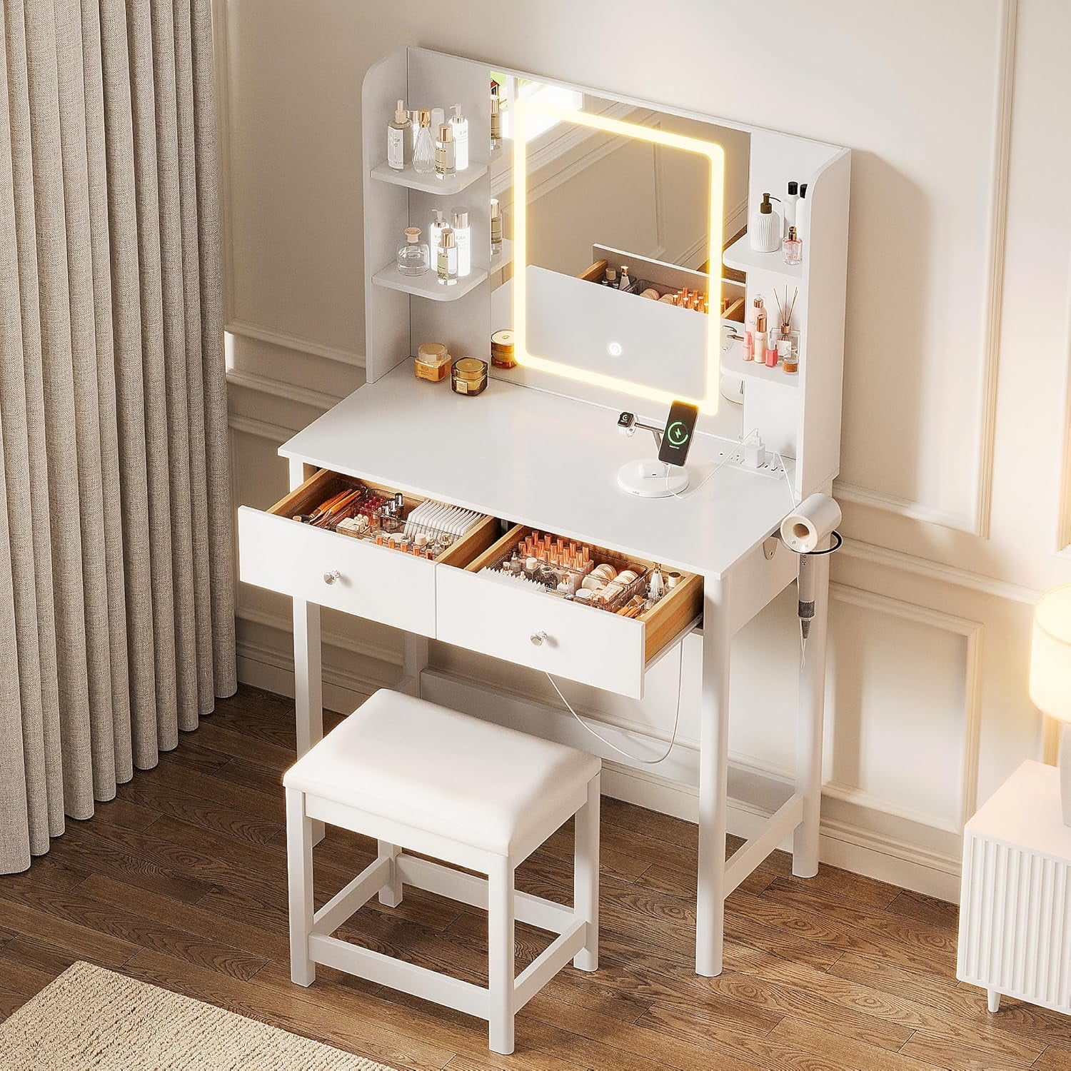 Girls Vanity Desk Set – White Small Makeup Table with LED Lights ...