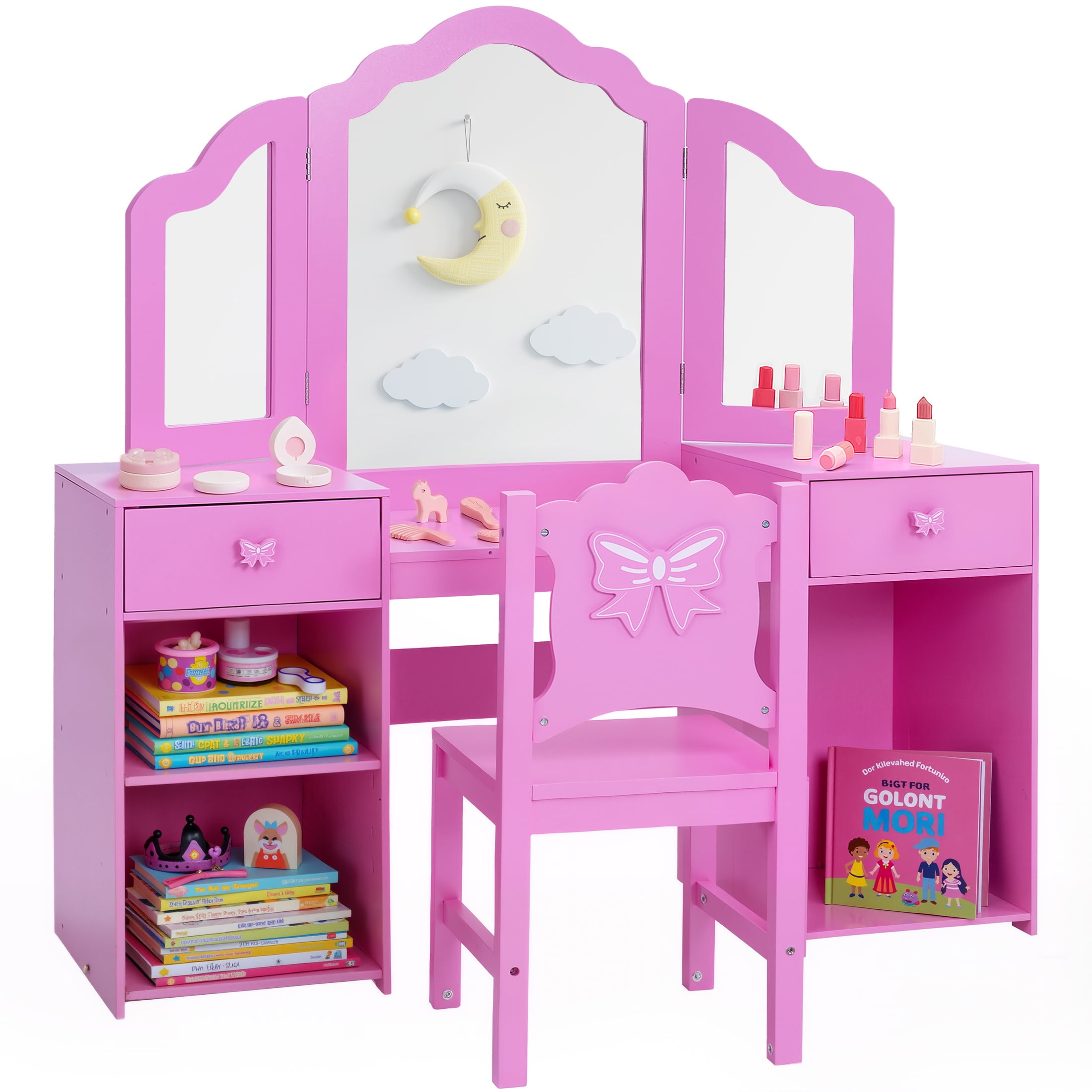 iYofe Kids Vanity Table and Chair Set, 2 in 1 Girls Vanity Set with Tri ...
