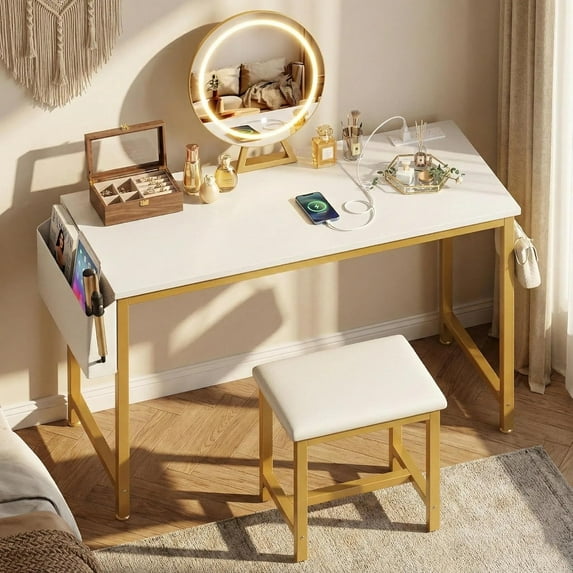 Girls Vanity Set with Mirror and Stool and Lights & Power Outlet, White ...