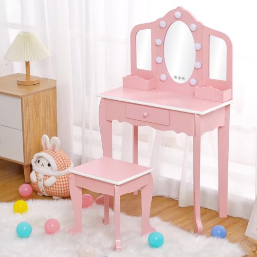 Girls' Vanity Table and Stool Set Kids Makeup Dressing Table with Tri ...