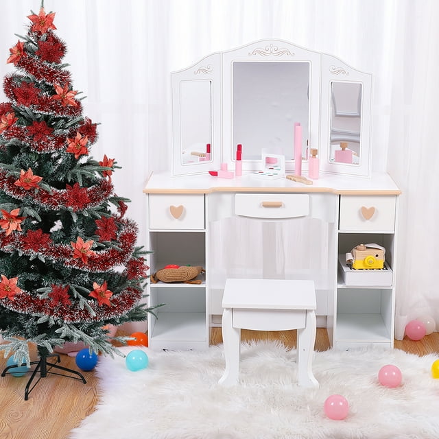 Walmart Girls' Vanity & Stool Set, Wood Dressing Table, Makeup Playset ...