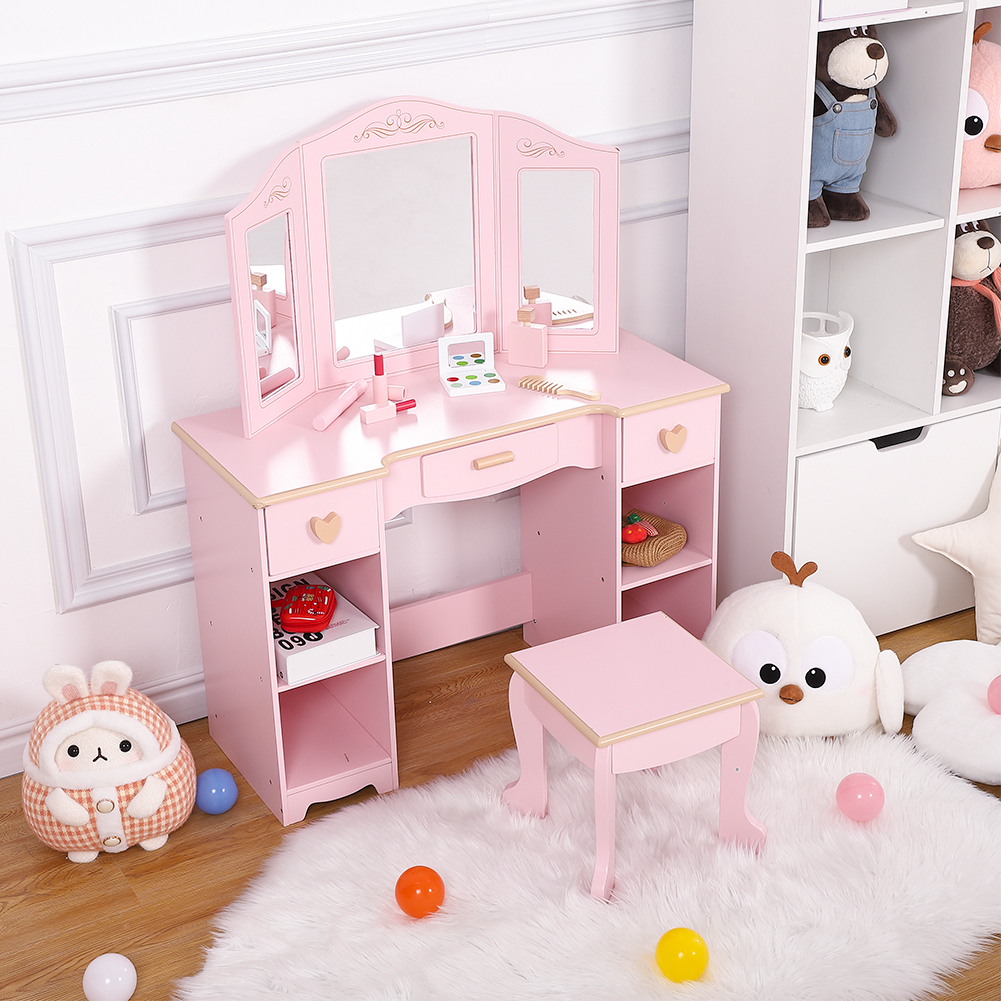 Leeten Kids Vanity Table Chair Set with Light,Wood Makeup Playset Toy ...