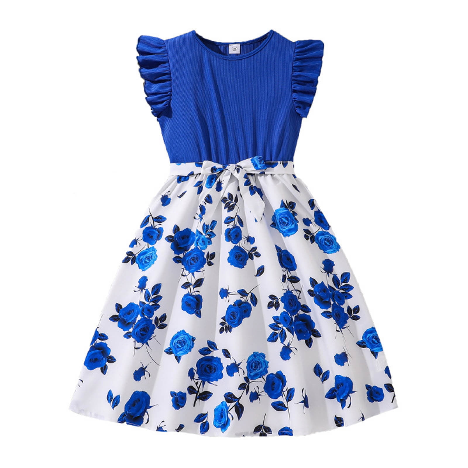 Girls Vintage Dress Floral Ruffle Pleated Dresses Flutter Crew Neck ...