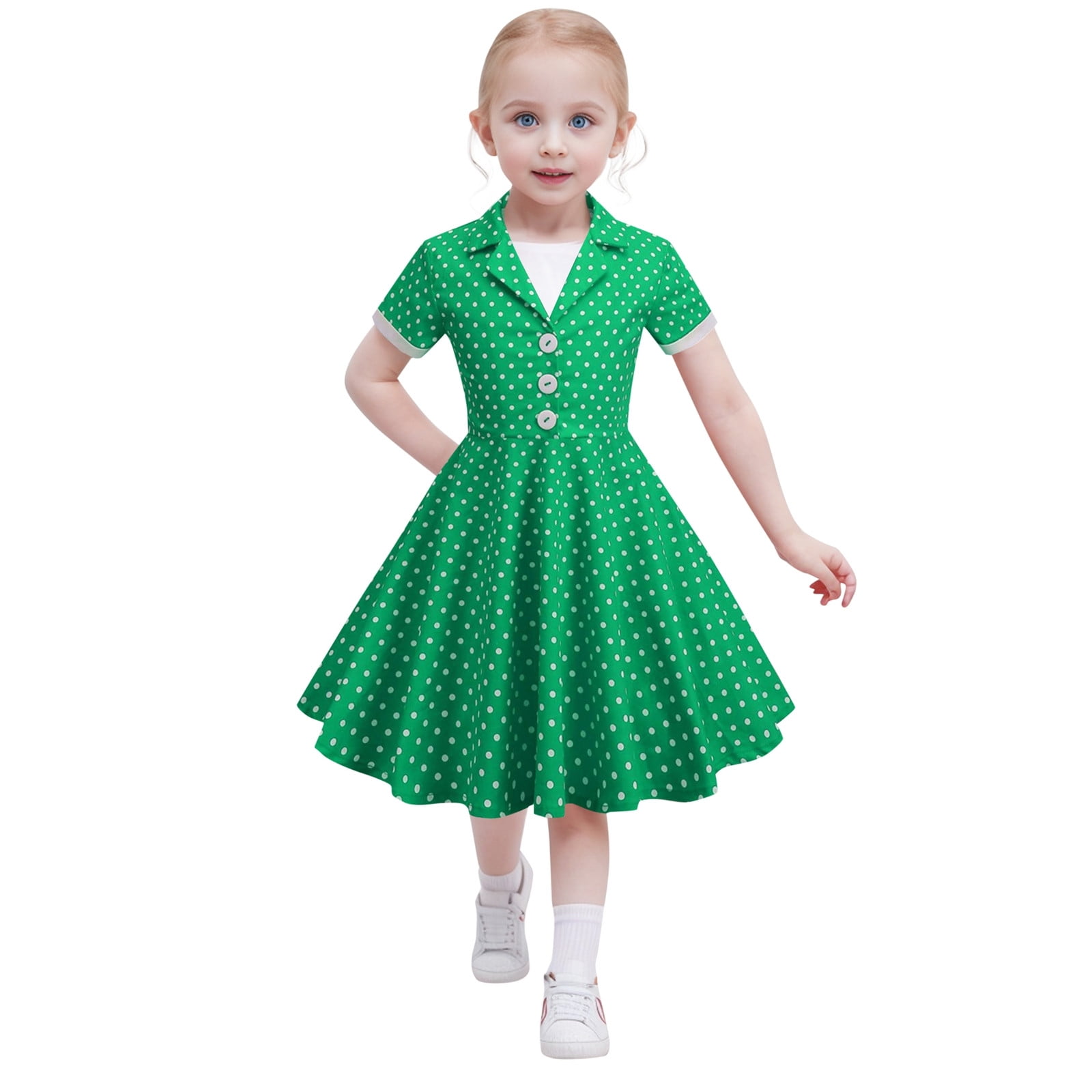 Girls Vintage Polka Dot Short Sleeve Dress - 1950s Style Swing Flared ...