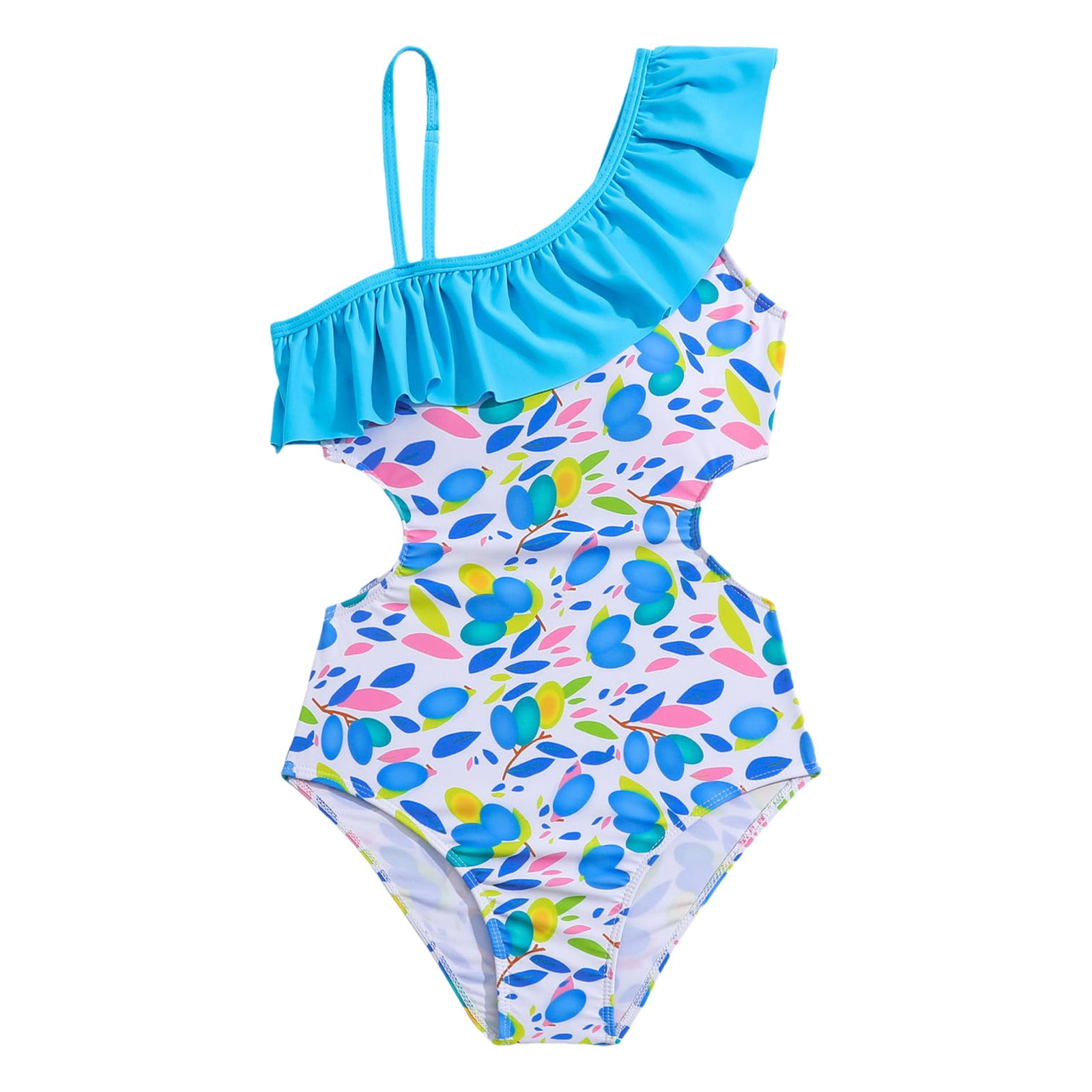 Girls Waist Cut Out One Piece Swimsuits Floral Print Ruffles Flounces One Shoulder Cute