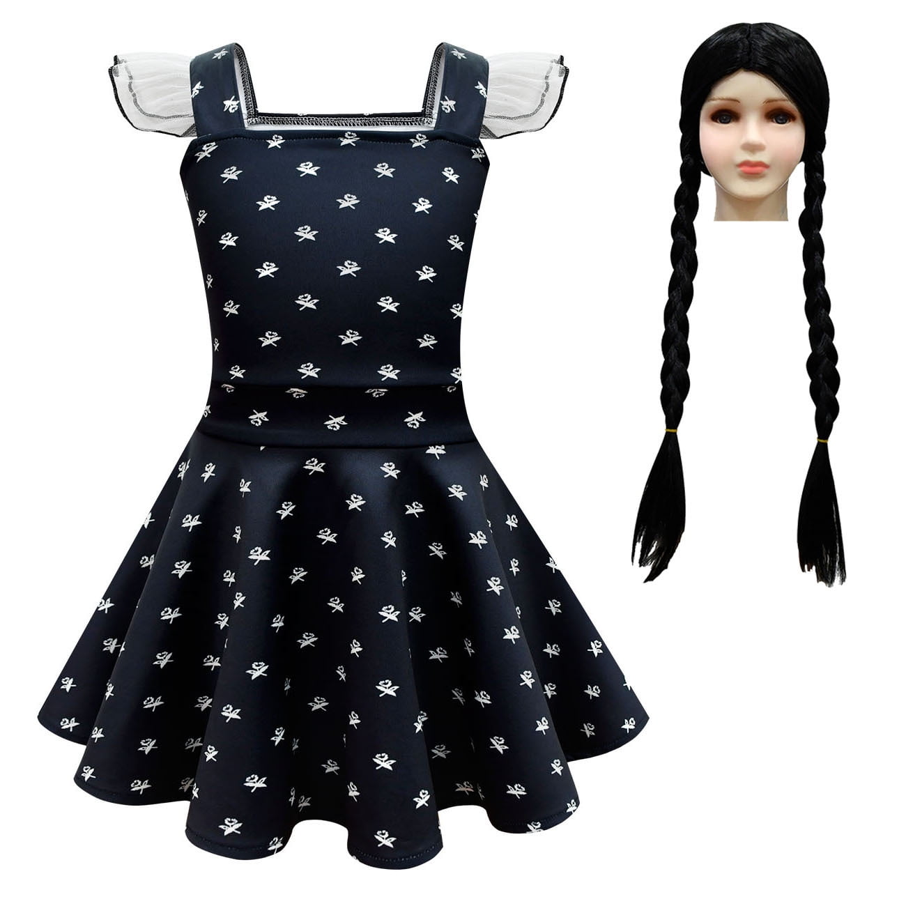 Girls Addams Costume Black Summer Skirt with Wig for Halloween Cosplay ...