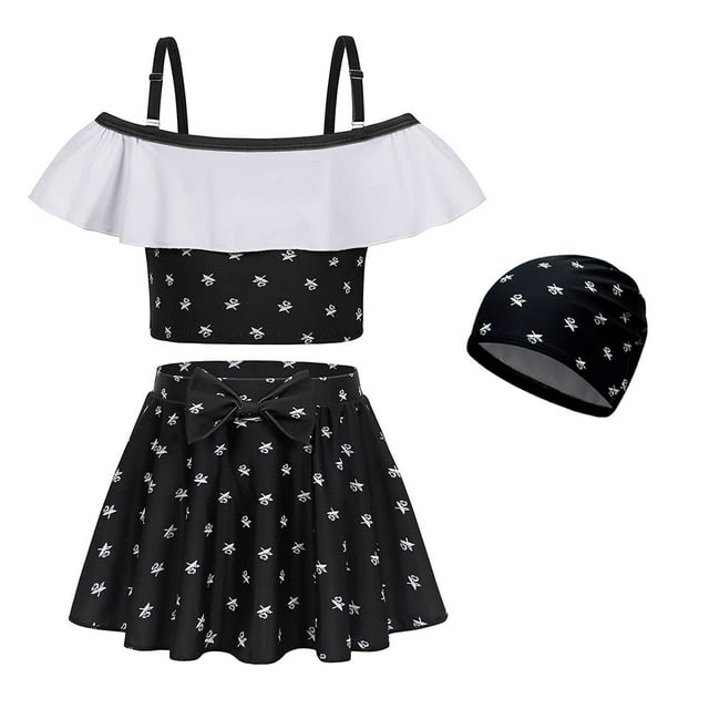 Girls Black Two-Piece Swimsuit Off Shoulder Bathing Suit w/Swimming Cap ...