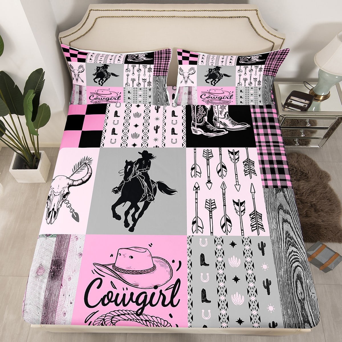 Western Bed Sheets Full Pink Grey Cowgirl Bedding Set Teen Women Wild ...