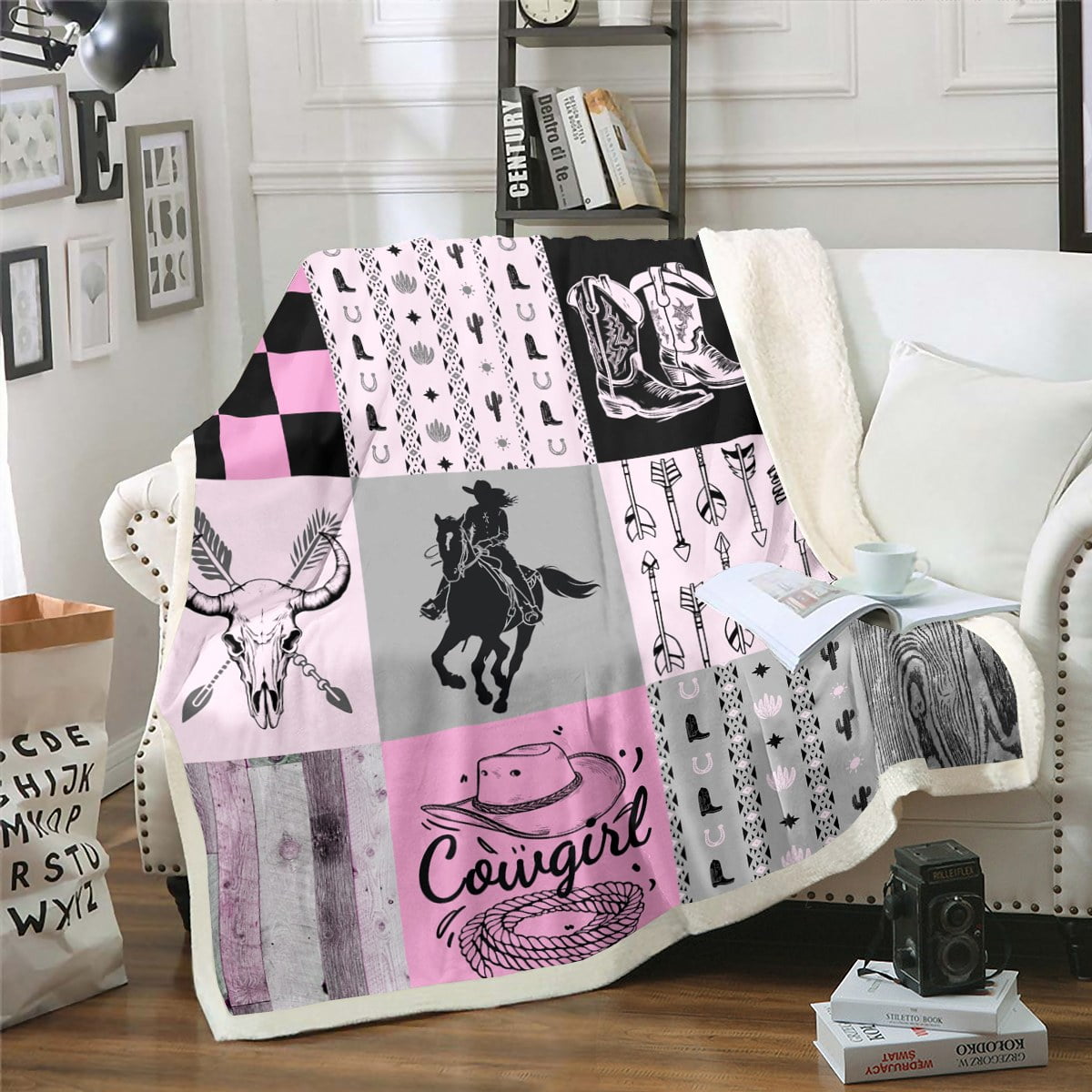 YST Girls Western Fleece Blanket 40"X50" Pink Grey Cowgirl Horse Throw ...