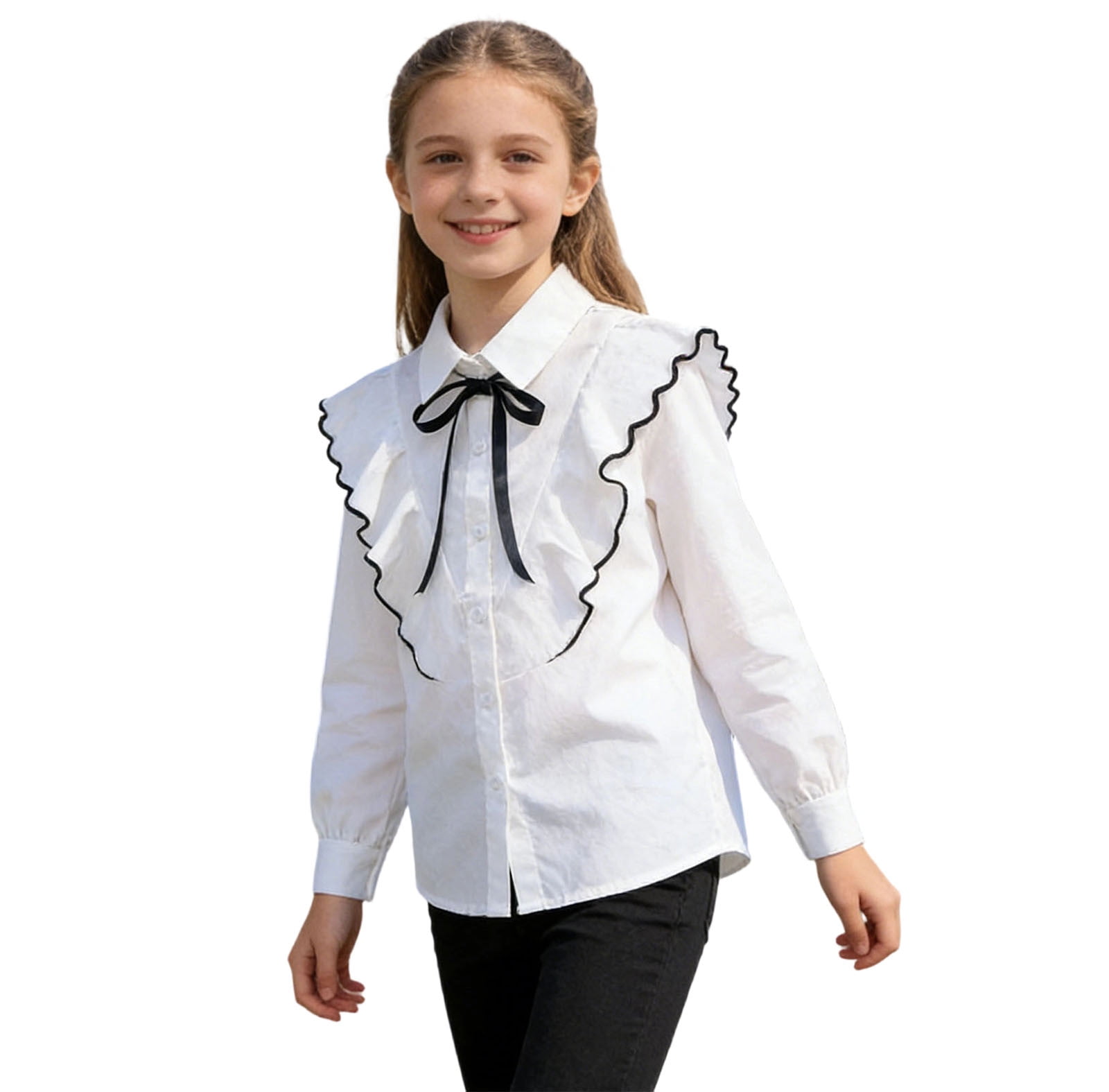 Girls White Cotton Blouse Long Sleeve Button Down Shirt with Ruffle ...