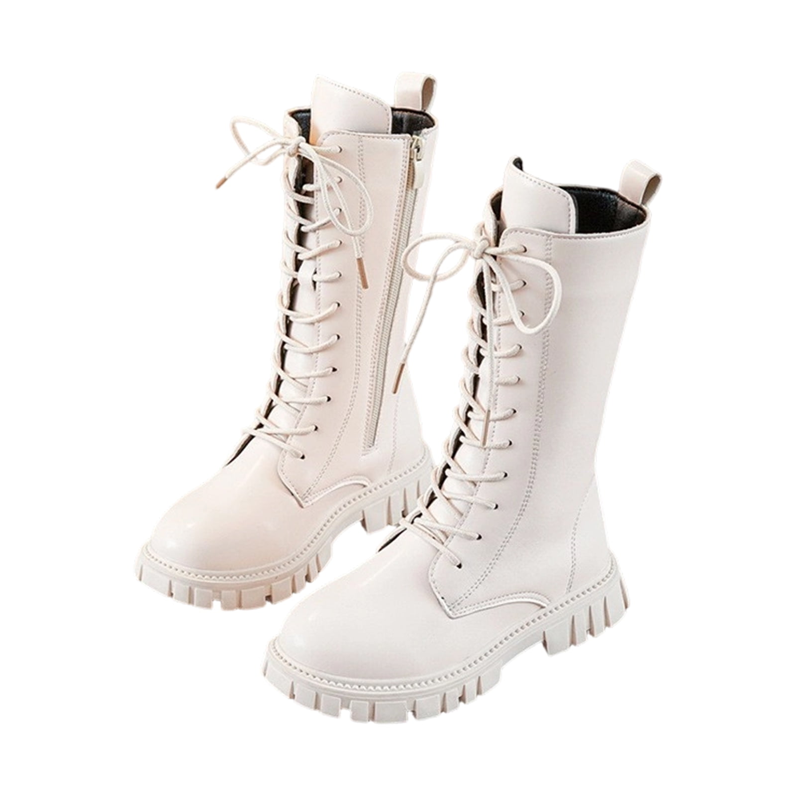 Girls White Lace-Up Combat Galoshes with Side Zipper, Knee-Highs Lugs ...