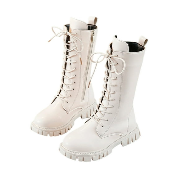 Girls White Lace-Up Combat Galoshes with Side Zipper, Knee-Highs Lugs ...