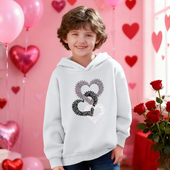 Girls' White Oversized Hoodie, Cute Heart Lace Print Pullover Long ...