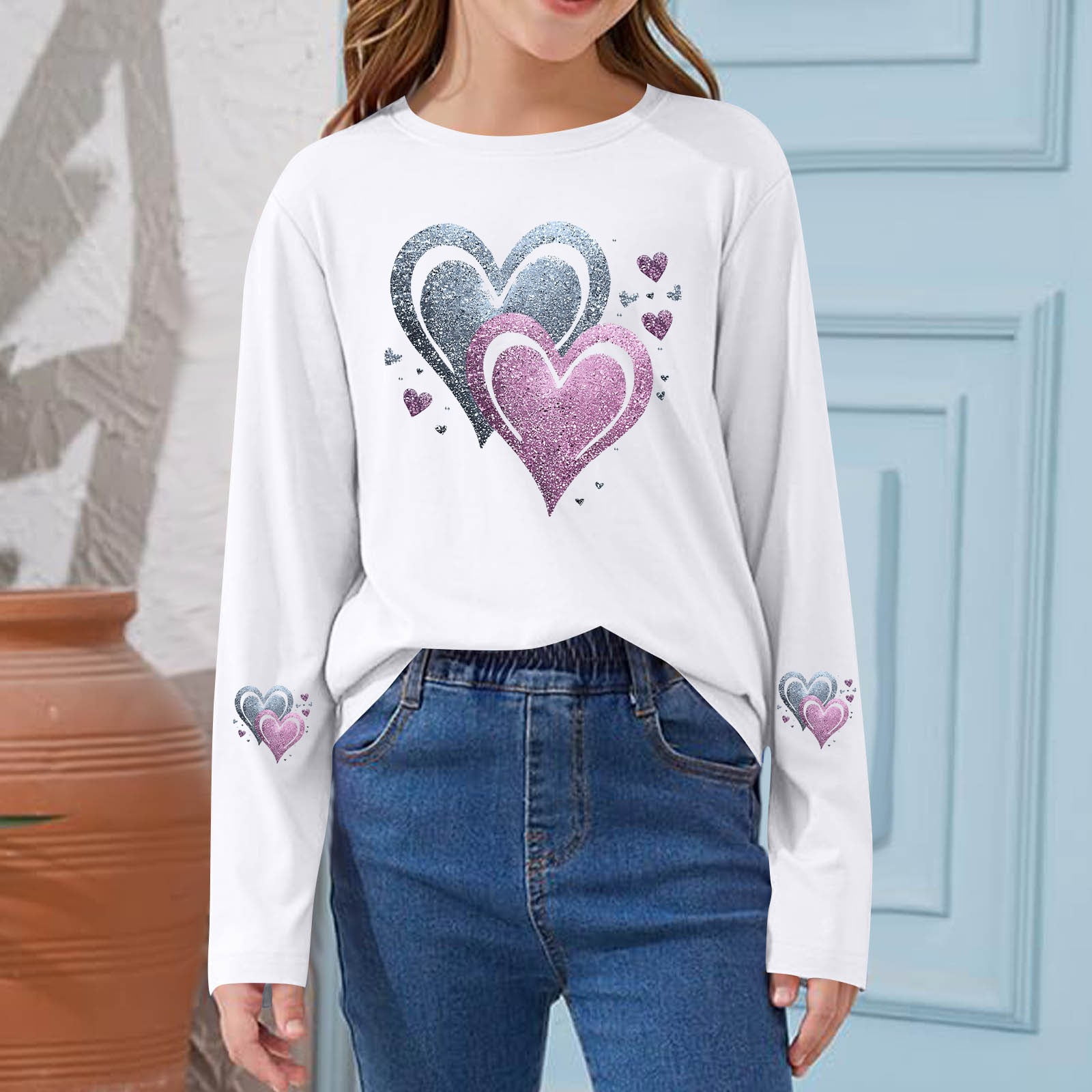 Girls White Sparkle Heart Graphic Tee, Long Sleeve Shirt for Kids Kids ...