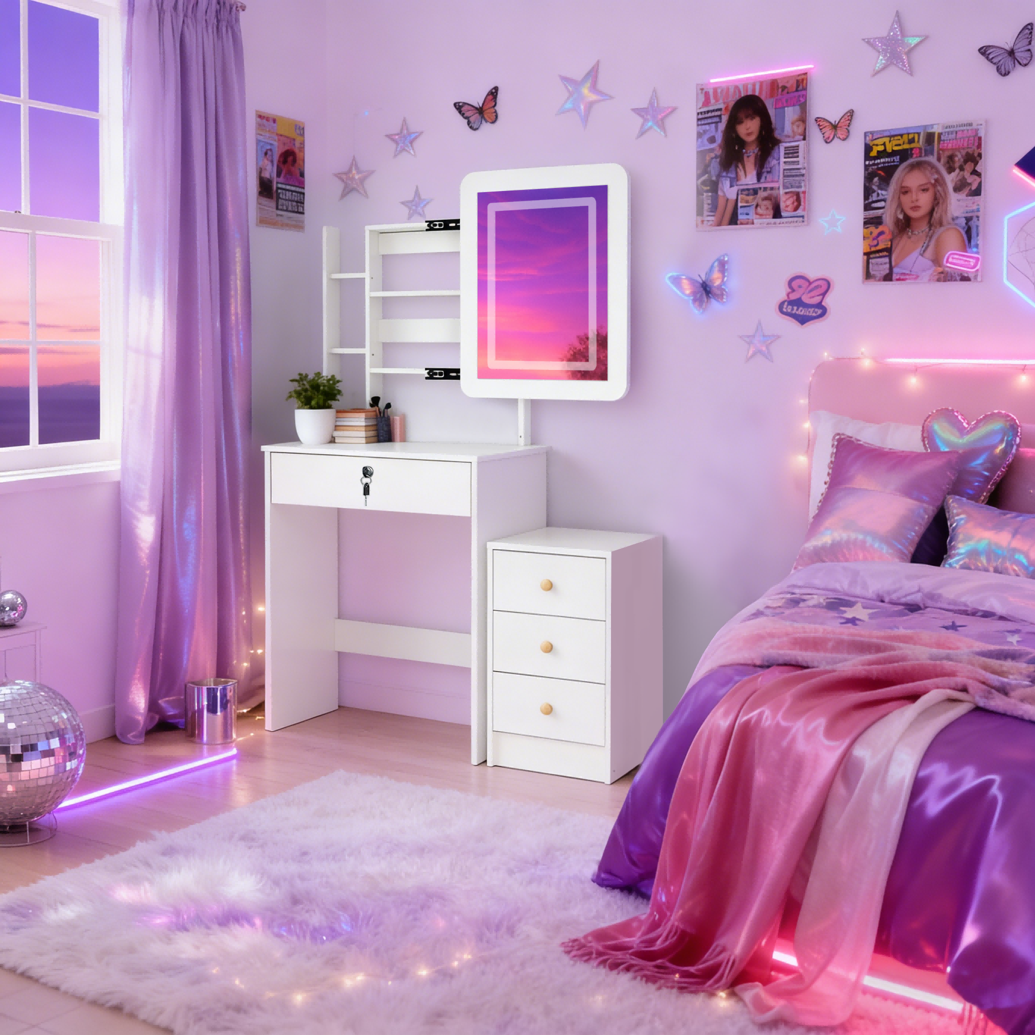 Girls White Vanity Desk with LED Lighted Mirror, Lockable Drawer ...