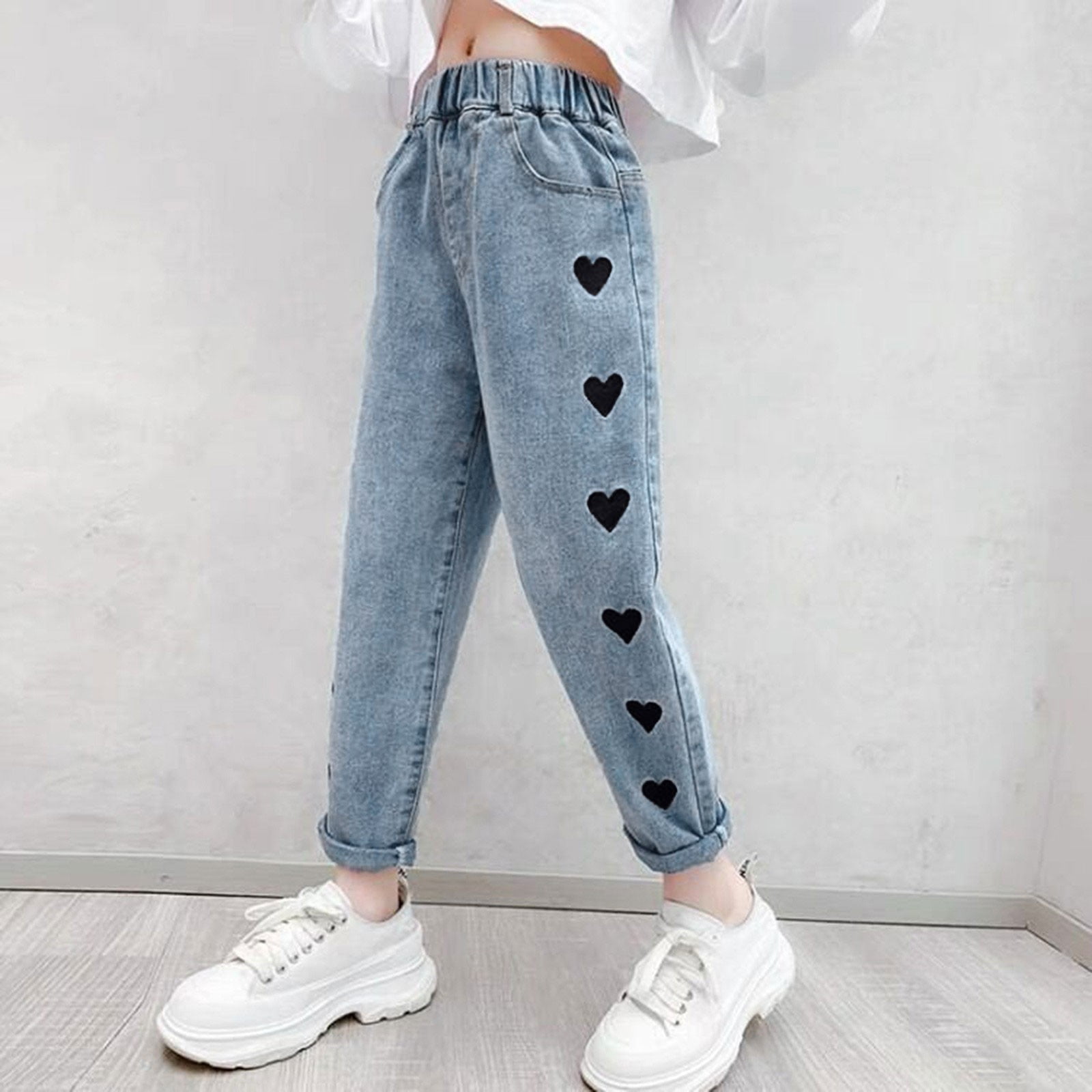 Girls Wide Leg Jeans Girl's Heart Print Elastic High Waist Denim Pants ...