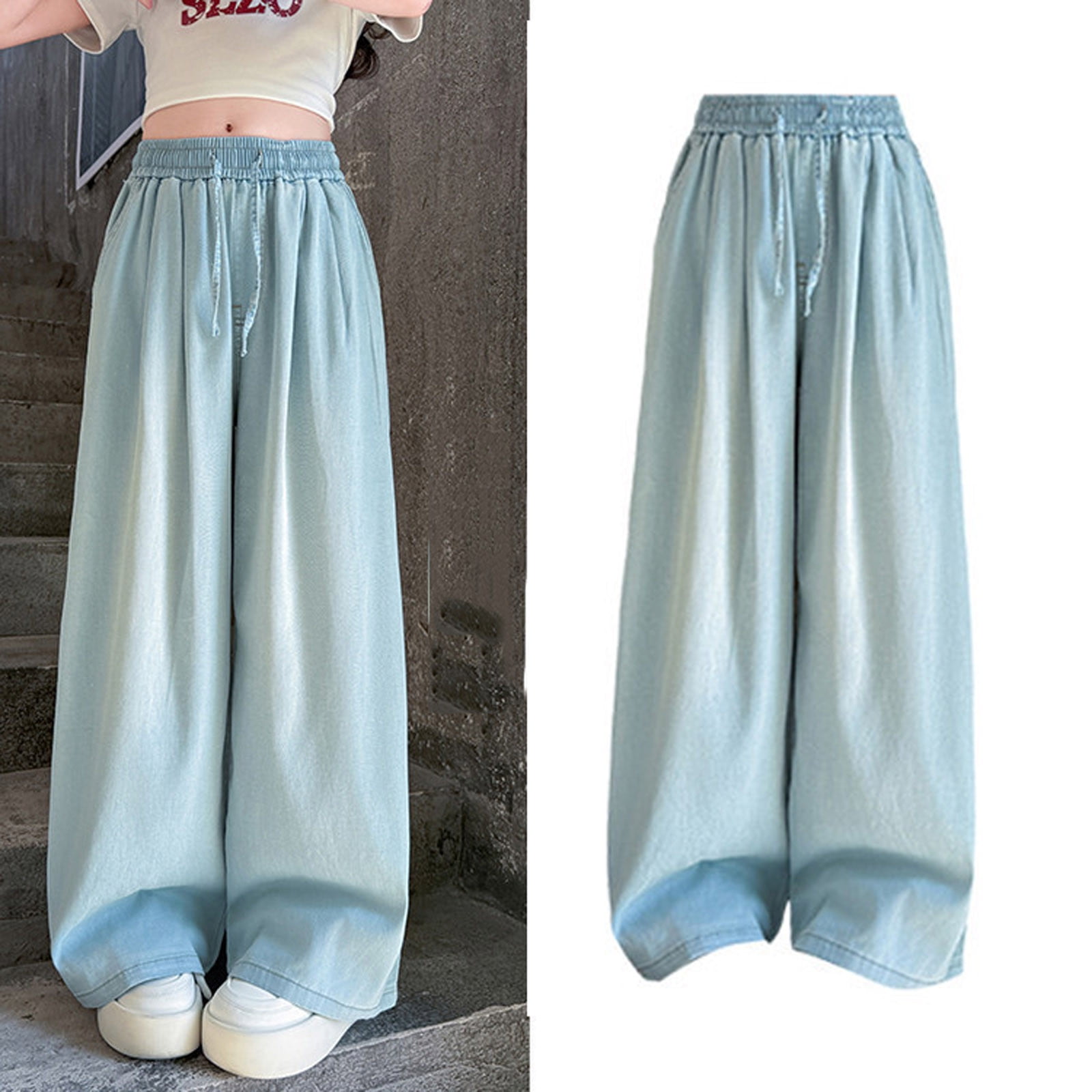 Girls Wide Leg Straight Pants Comfortable Outdoor Drawstring Waist ...