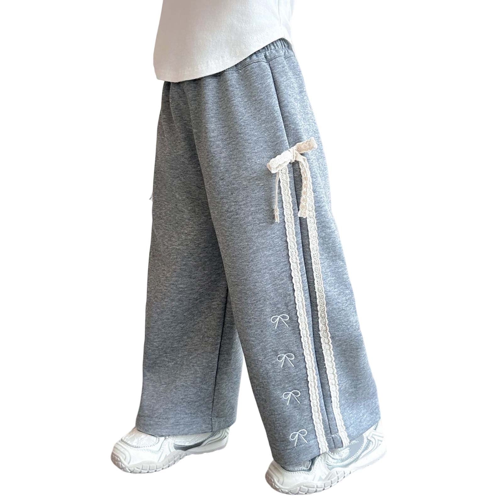 Girls Wide Leg Sweatpants Elastic Waist Lace Patchwork Bow Trousers ...