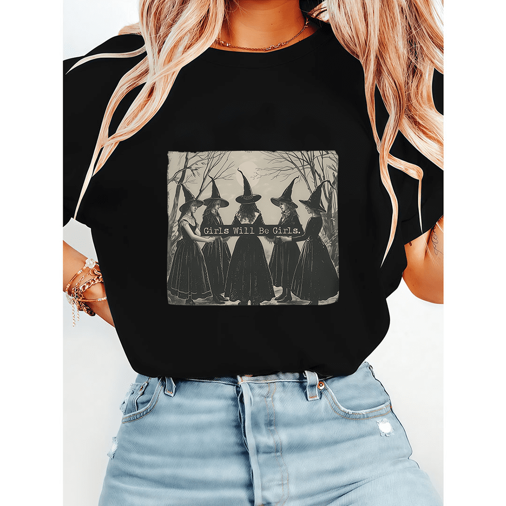 Girls Will Be Girls Witch Print T-shirts Witchy Girls Casual Tops ...