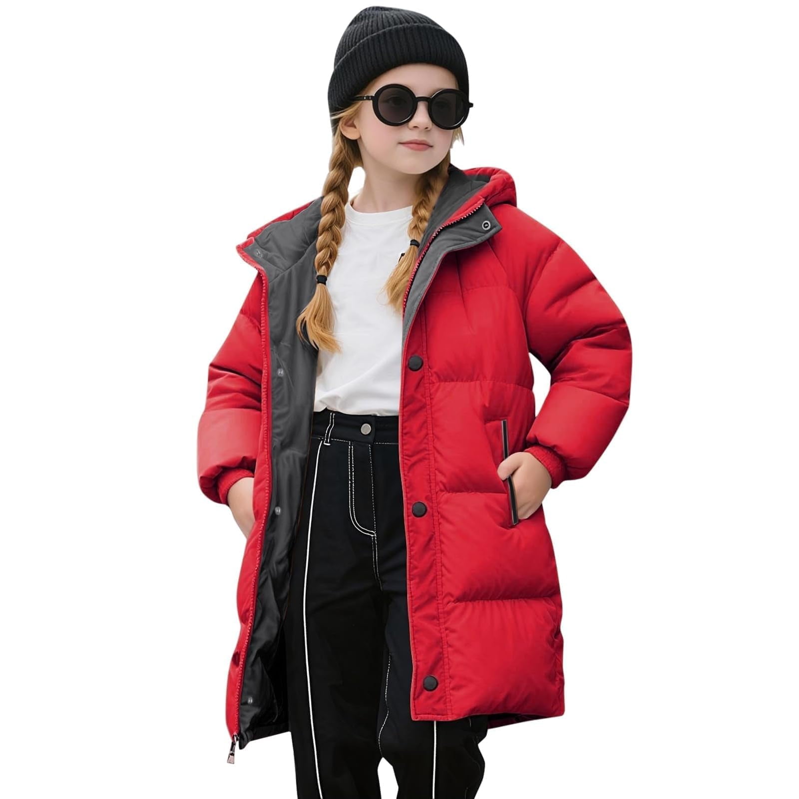Girls Winter Coat Heavyweight Mid-Length Kids Hooded Puffer Jacket ...