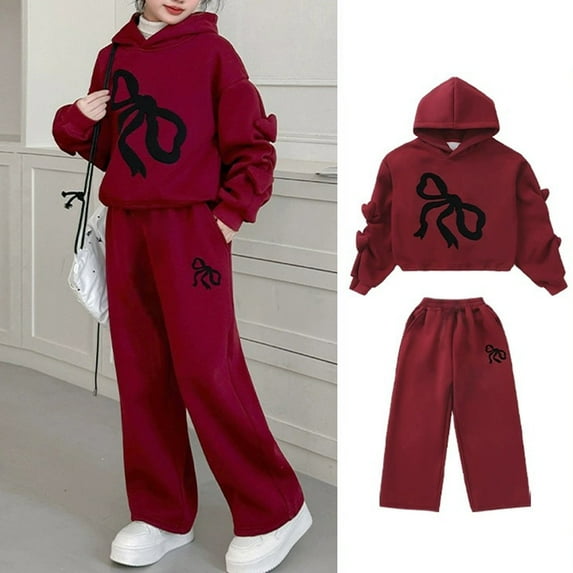 Girls Winter Fleece 2-Piece Outfit – Red Bow Hoodie & Wide-Leg Pants (5 ...