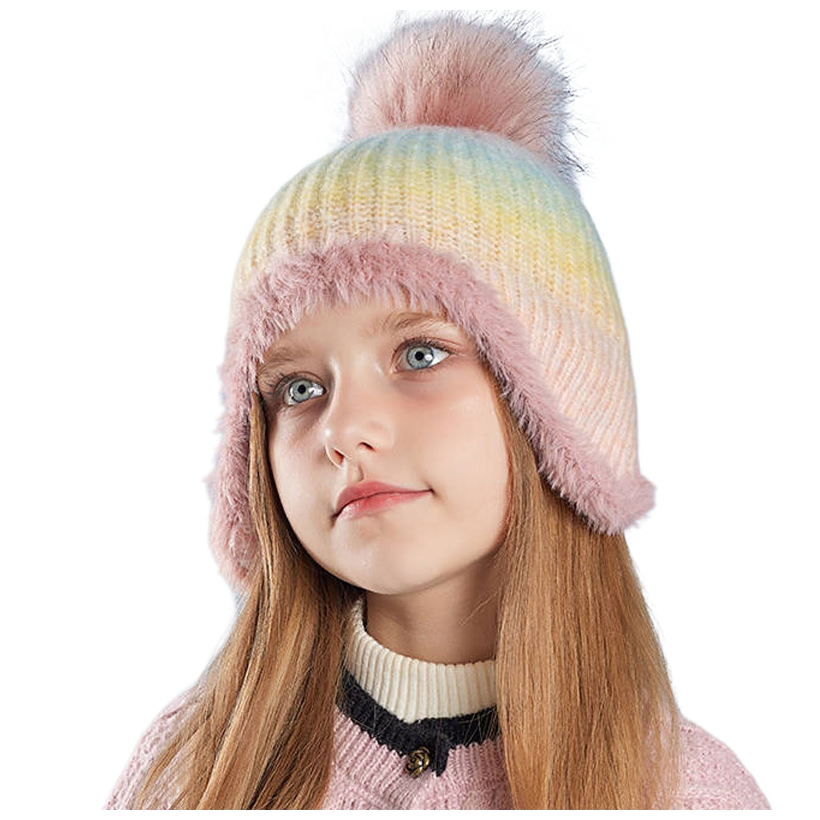 Girls Winter Hats Knit Winter Beanie Hats with Pompom Ear Flaps Cap ...