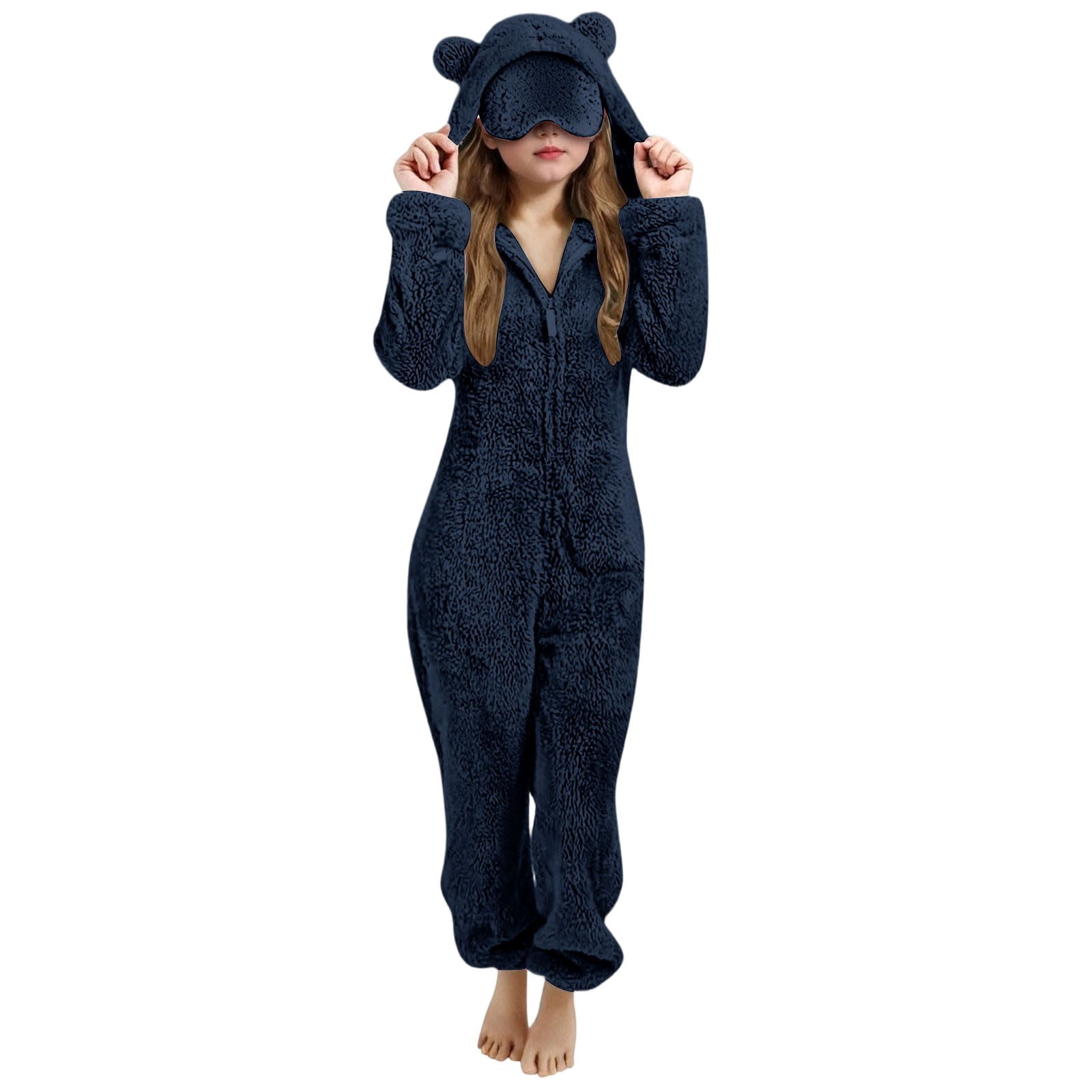 Girls Winter Hooded Jumpsuit Pajamas With Adorable Cat Ears And Eye For ...