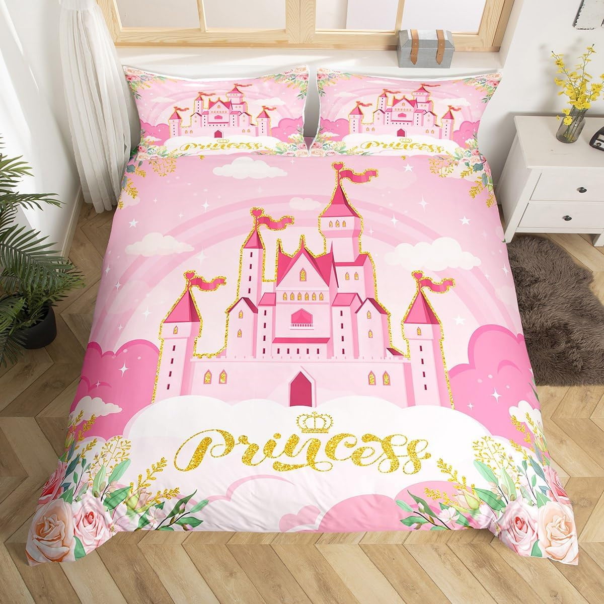 Girls Women Princess Comforter Cover Queen,Pink Castle Dreamy Duvet ...