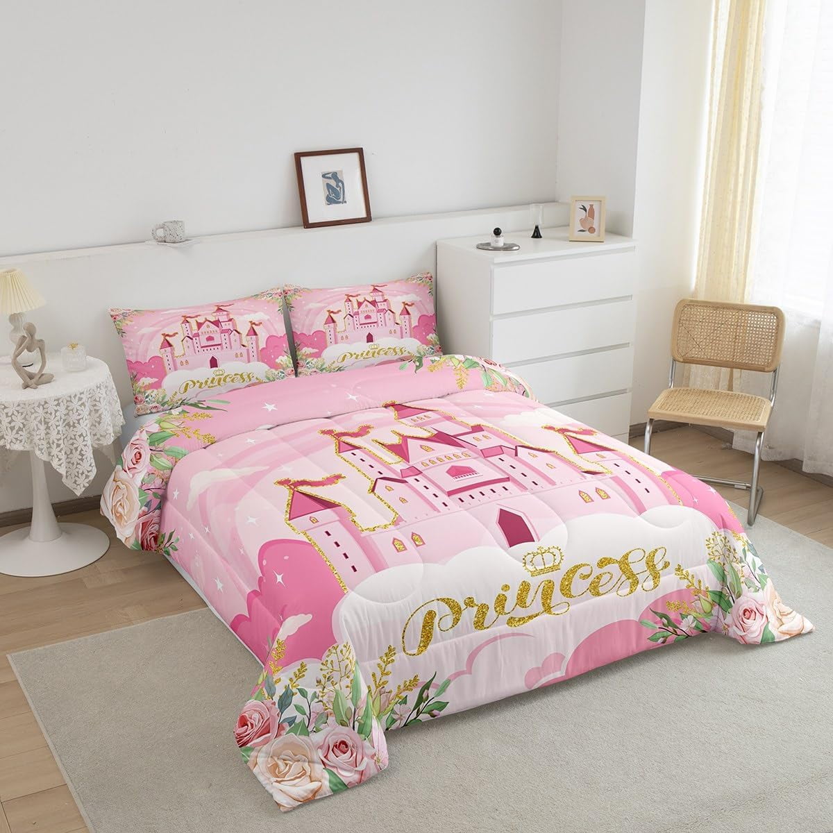 Girls Women Princess Comforter Set Queen, Pink Castle Dreamy Comforter ...