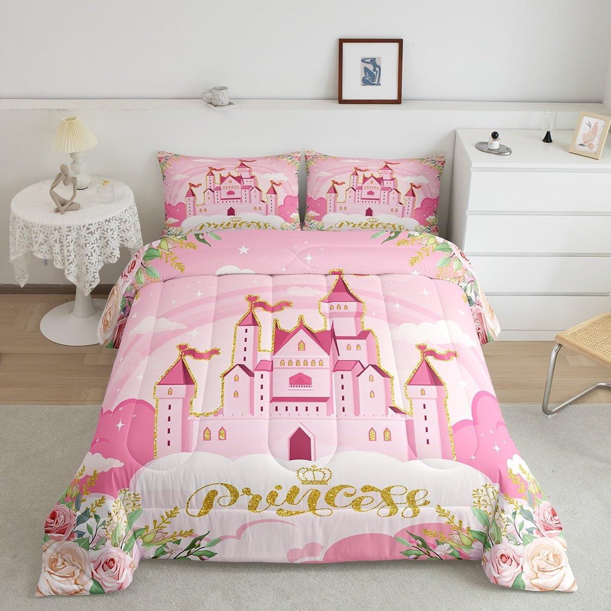 Women Princess Comforter Set Twin,Pink Castle Dreamy Comforter Set ...