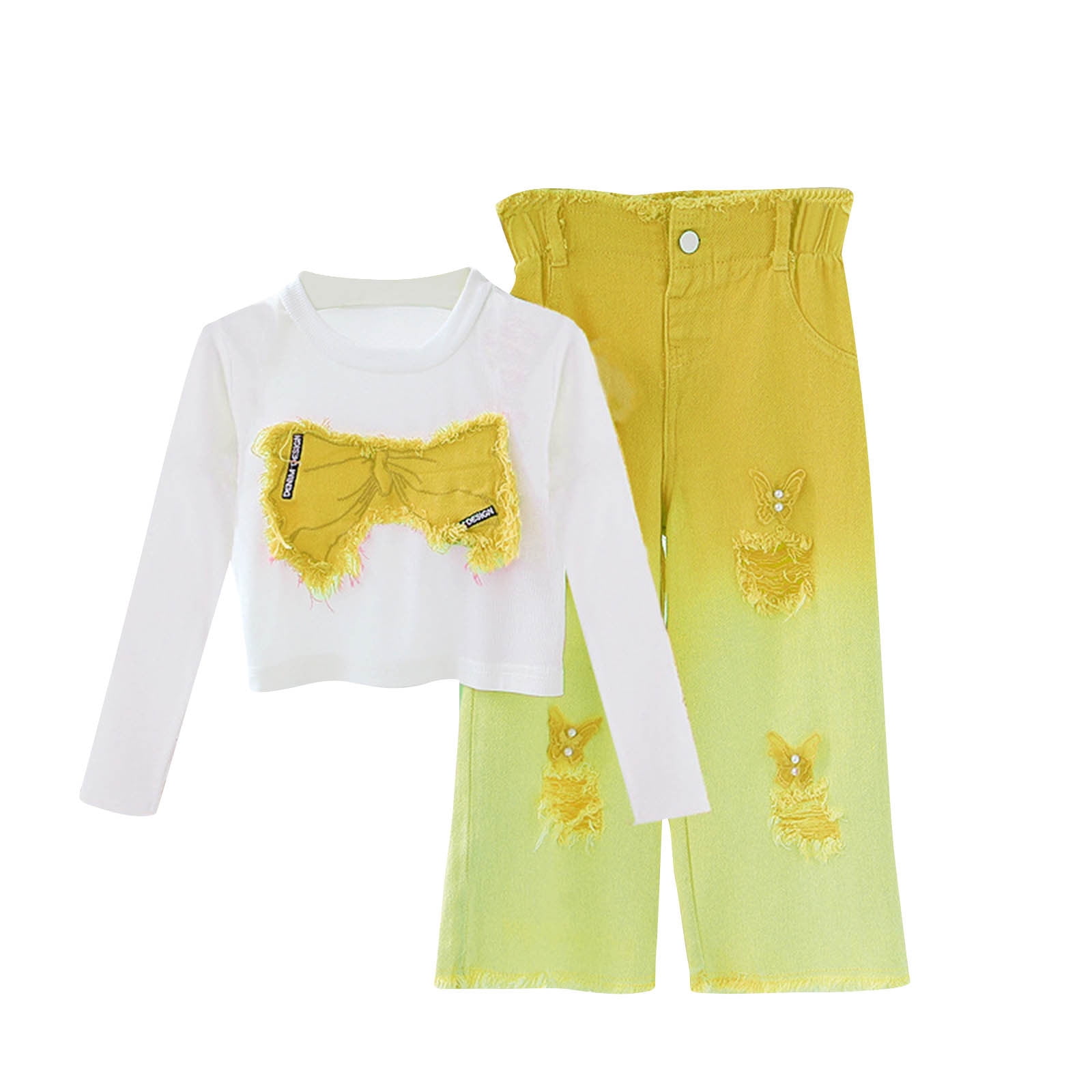 Girls Yellow 2 Piece Set, Long Sleeve Crop Top & Wide Leg Ombre Jeans ...