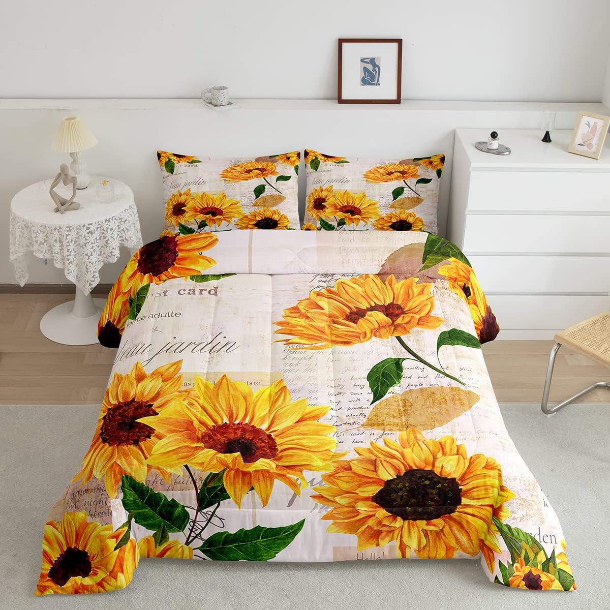 Yellow Floral Bedding Sets Queen Countryside Sunflowers Comforter Women ...