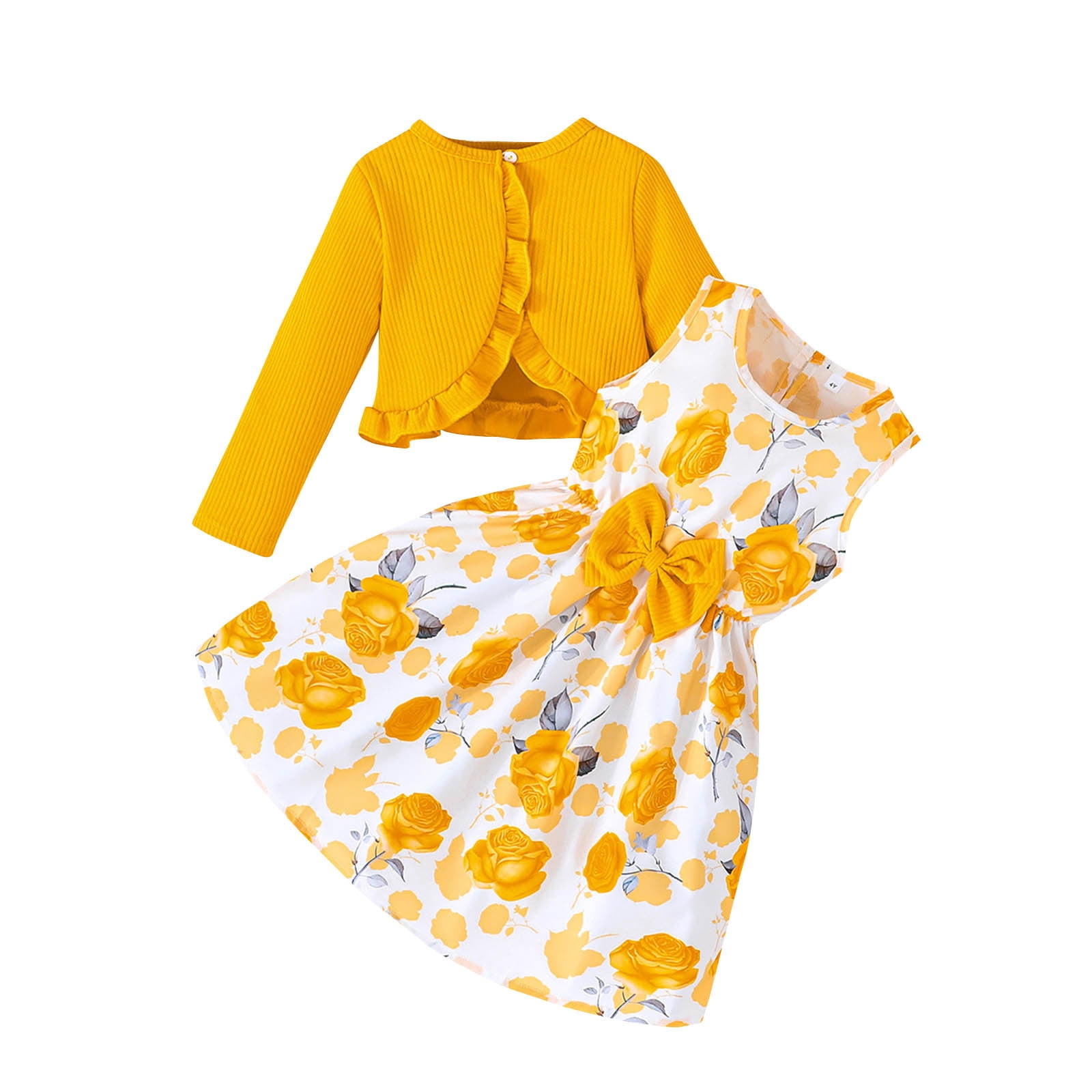 Girls Yellow Floral Dress Outfit Set 2-Piece with Cardigan & Bow for ...
