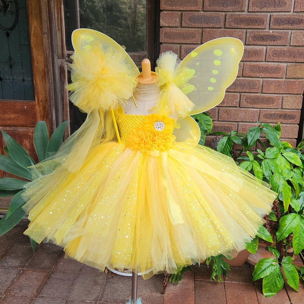 Girls Yellow Glitter Flower Fairy Dress Kids Butterfly Sparkled Tutus ...