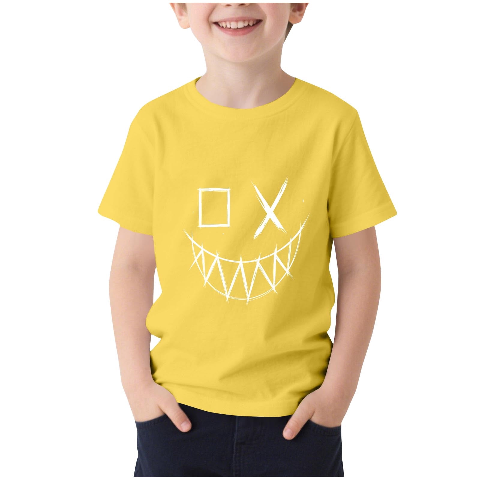 Girls Yellow Graphic T-Shirt, Kids Short Sleeve Tee with Funny Smiley ...
