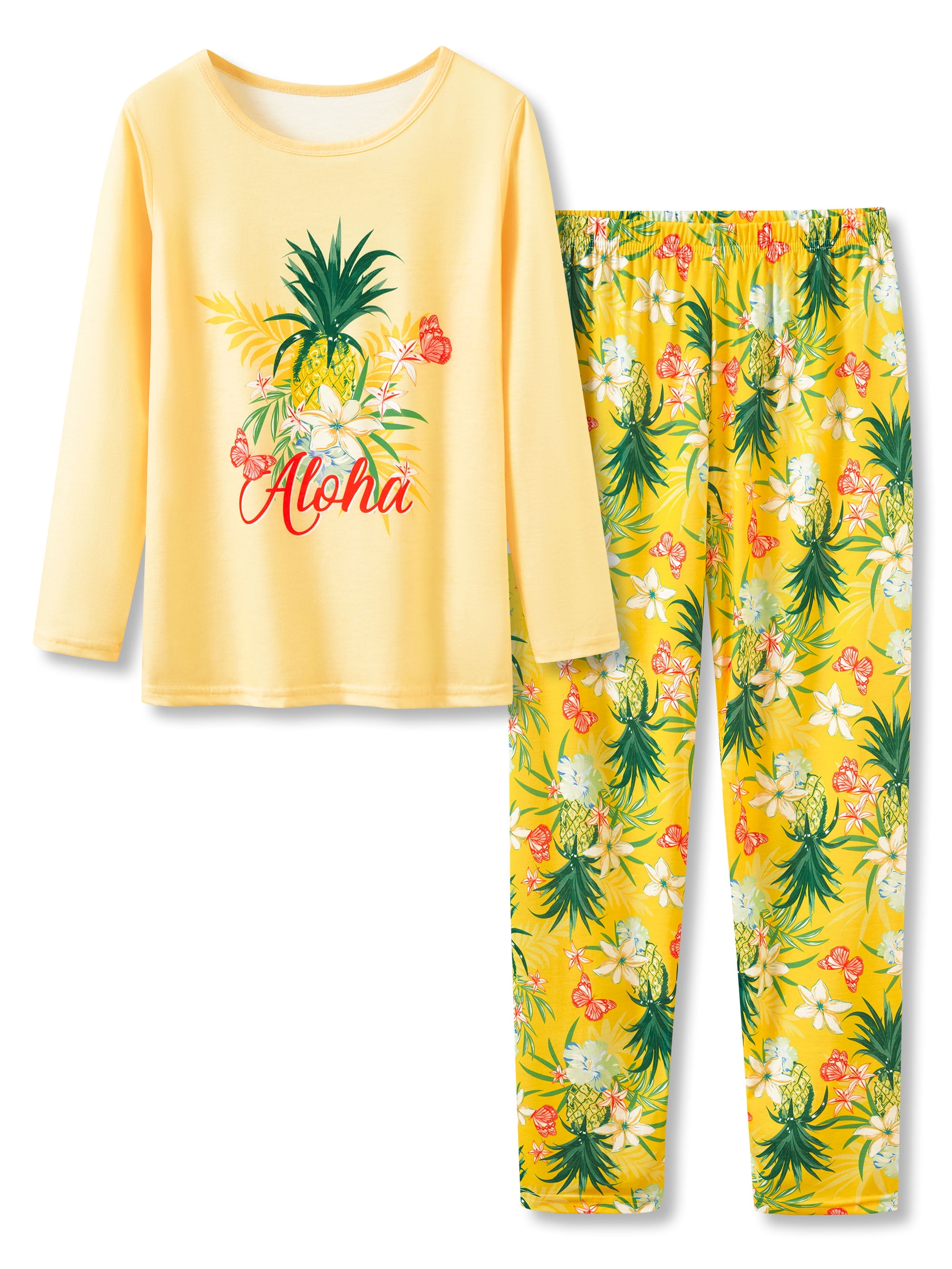 Girls Yellow Pineapple Pajamas 2-Piece Long Sleeve & Pants PJ Set Cute Winter Jammies Size 16 ...