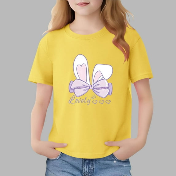 Girls Yellow T-Shirt Kids Bunny Heart Cotton Short Sleeve Top Cute ...