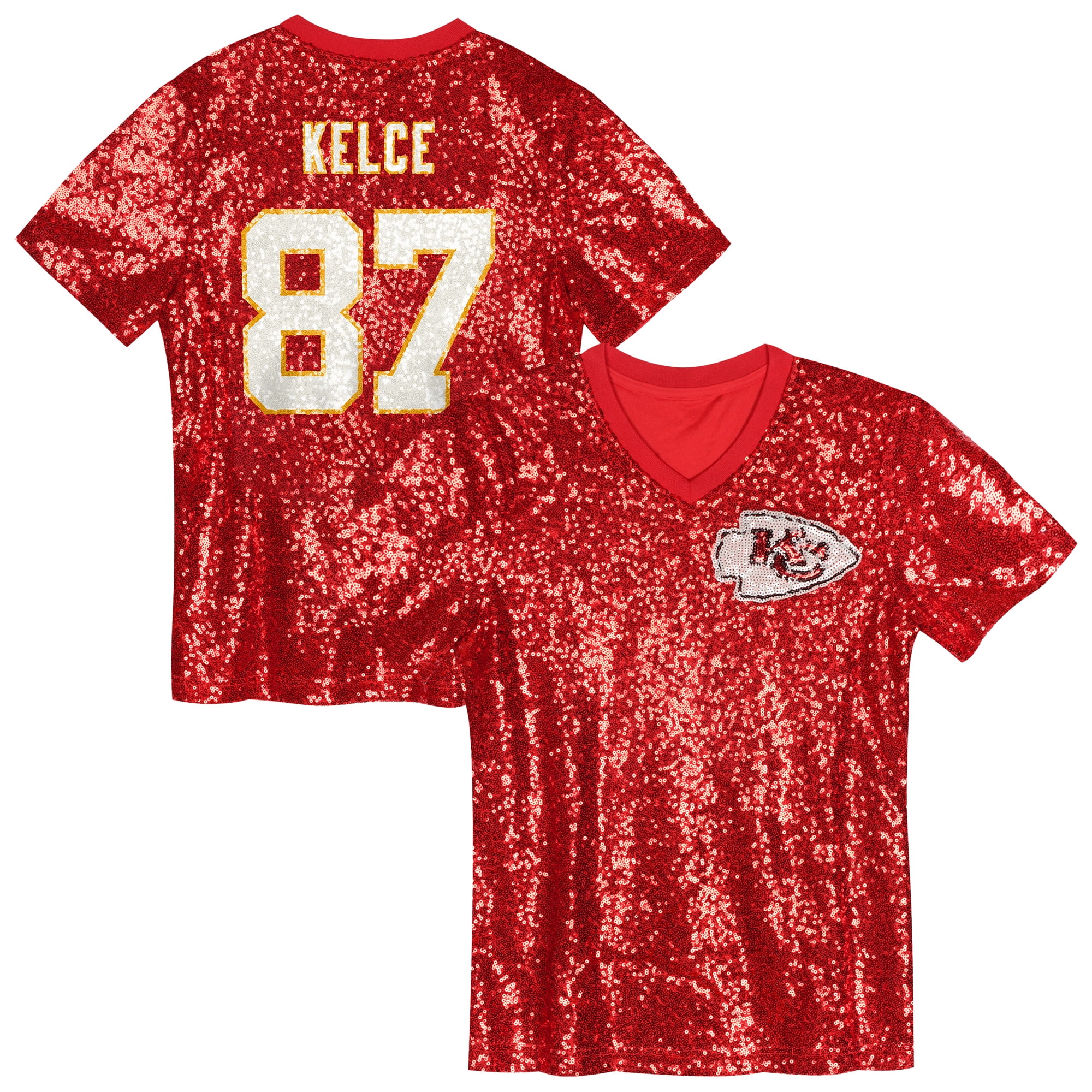Girls Youth Travis Kelce Red Kansas City Chiefs Sequin V-Neck Fashion ...