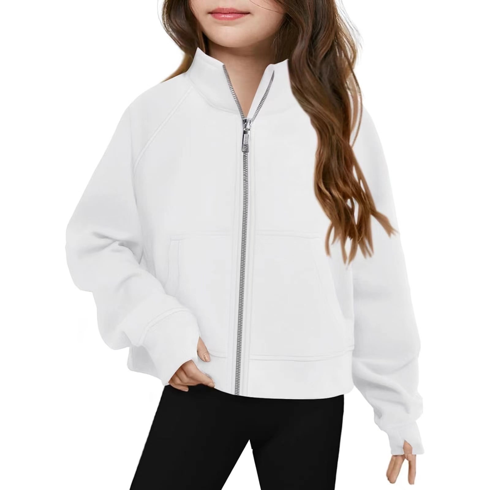 Girls Zip Up Jacket No Hood Cozy Front Zipper Crop Sweatshirt Jackets ...